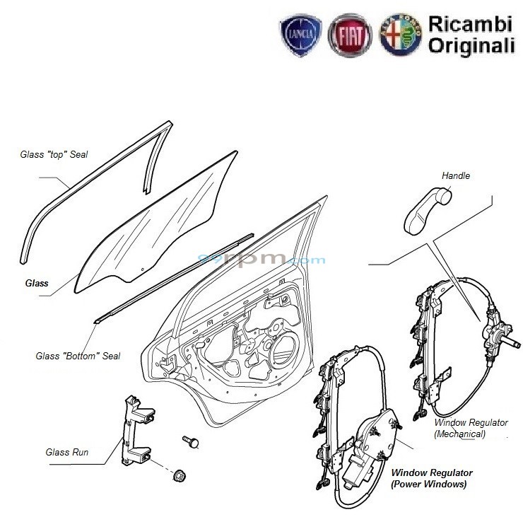 Fiat Grande Punto Rear Left Door Glass, power window and rubber seals