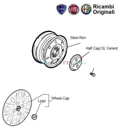 Fiat Palio Stile 1.1: Steel Wheel Rim, Cap/Cover, Bolt